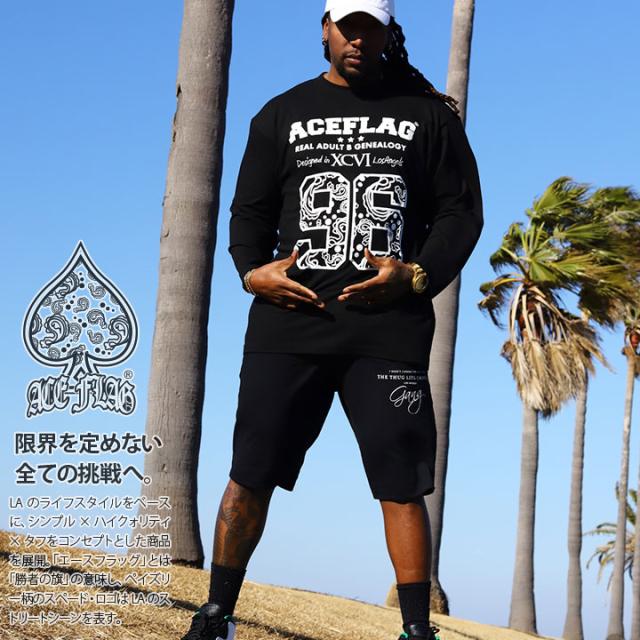 ACE FLAG 上下セット 長袖 Tシャツ ロンT ブランド スウェット ハーフパンツ メンズ 春秋冬用 黒 白 大きいサイズ エースフラッグ セットアップ ペイズリー柄 ナンバー gang ビッグシルエット b系 ヒップホップ ファッション ストリート系 2025 新作 AF-SE-LT-128