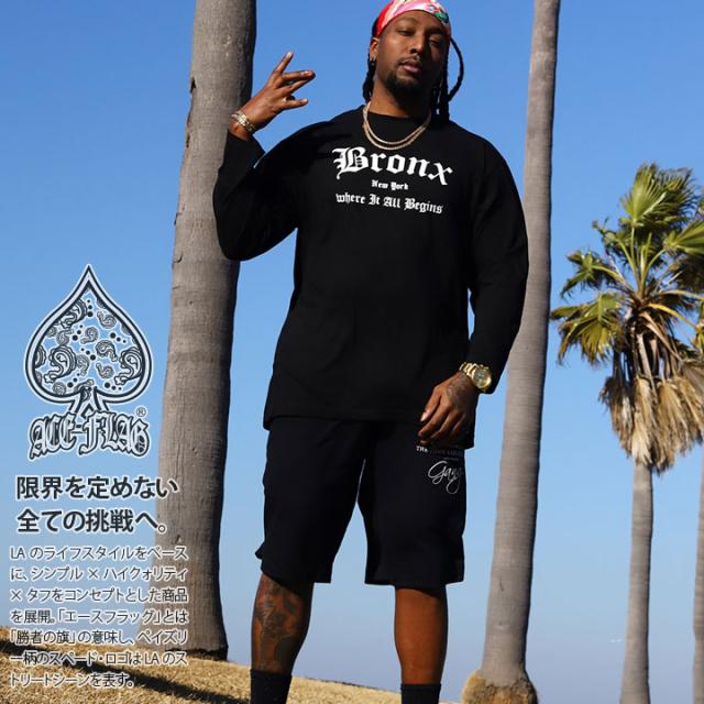 ACE FLAG 上下セット 長袖 Tシャツ ロンT ブランド スウェット ハーフパンツ メンズ 春秋冬用 黒 白 大きいサイズ エースフラッグ セットアップ Bronx ブロンクス 筆記体 gang ビッグシルエット b系 ヒップホップ ファッション ストリート系 2025 新作 AF-SE-LT-134