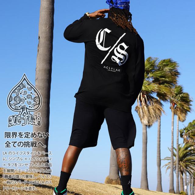ACE FLAG 上下セット 長袖 Tシャツ ロンT ブランド スウェット ハーフパンツ メンズ 春秋冬用 黒 大きいサイズ エースフラッグ セットアップ CS コンサフォス 筆記体 サグライフ ビッグシルエット b系 ヒップホップ ファッション ストリート系 2025 新作 AF-SE-LT-135