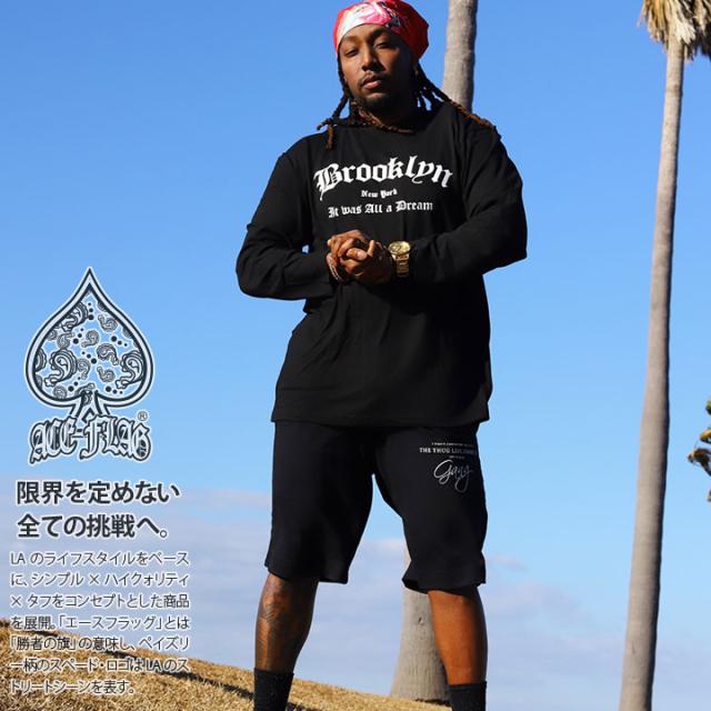 ACE FLAG 上下セット 長袖 Tシャツ ロンT ブランド スウェット ハーフパンツ メンズ 春秋冬用 黒 白 大きいサイズ エースフラッグ セットアップ Brooklyn ブルックリン 筆記体 サグライフ ビッグシルエット b系 ヒップホップ ストリート系 2025 新作 AF-SE-LT-140