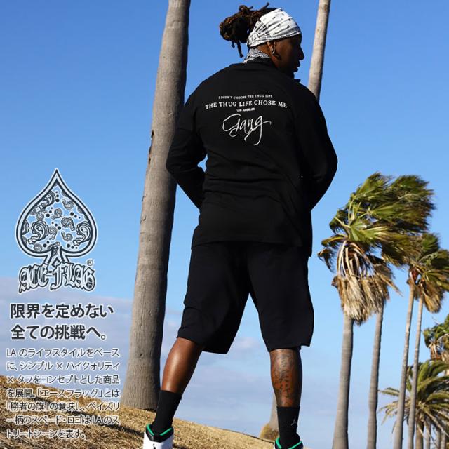 ACE FLAG 上下セット 長袖 Tシャツ ロンT ブランド スウェット ハーフパンツ メンズ 春秋用 黒 大きいサイズ エースフラッグ セットアップ 筆記体 gang 2pacTHUG LIFE サグライフ ビッグシルエット b系 ヒップホップ ファッション ストリート系 2025 新作 AF-SE-LT-141
