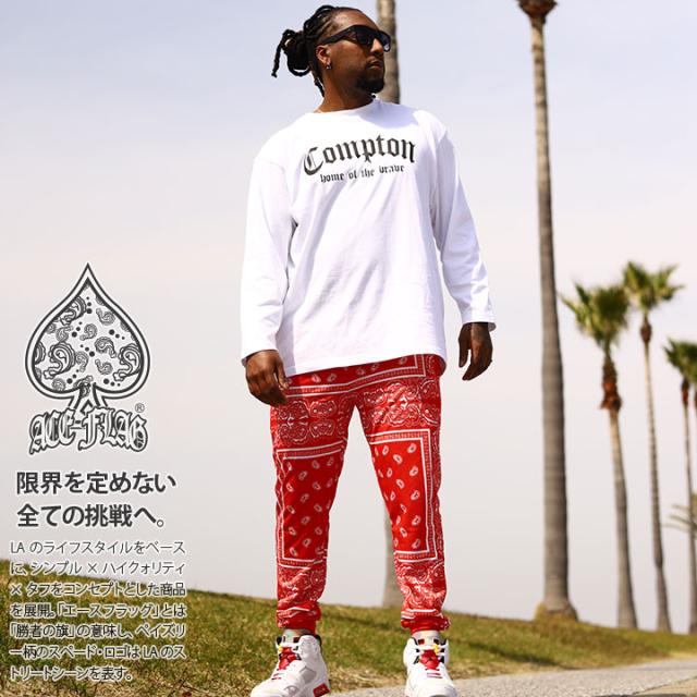 ACE FLAG 上下セット 長袖 ブランド Tシャツ ロンT ロングパンツ メンズ 春秋冬用 白 黒 大きいサイズ エースフラッグ セットアップ ジャージ おしゃれ Compton コンプトン ビッグシルエット b系 ヒップホップ ファッション ストリート系 ハイ 2025 新作 AF-SE-LT-163
