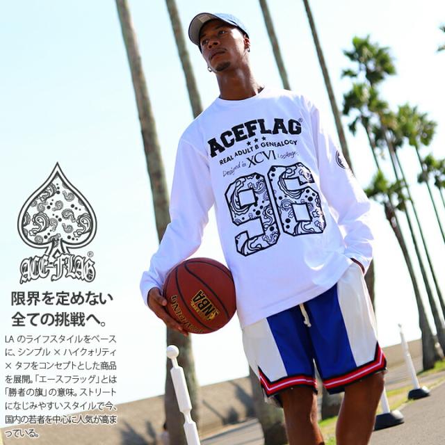 【50%OFF】ACEFLAG ロンT ストリート メンズ レディース 黒 白 大きいサイズ エースフラッグ Tシャツ 長袖 シンプル スペード ロゴ ペイズリー柄 ナンバー 96 b系 ...