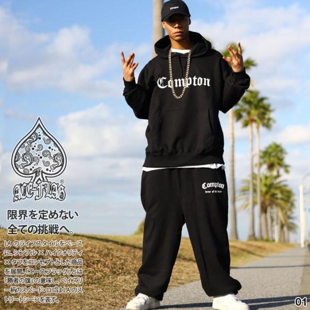 ACEFLAG 上下セット 長袖 ブランド スケボー メンズ 春秋冬用 黒 大きいサイズ エースフラッグ セットアップ パーカー フーディ スウェット 上下 スウェットパンツ ゆったり Compton コンプトン b系 ヒップホップ AF-SE-PA-017