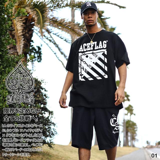 ACEFLAG 上下セット 半袖 ブランド Tシャツ ハーフパンツ 上下 メンズ 春夏用 黒/白 大きいサイズ エースフラッグ セットアップ ゆったり バイアス 柄 ペイズリー柄 b系 ヒップホップ ファッション ハイ AF-SE-TS-001