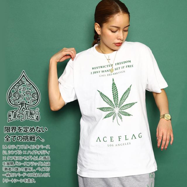 ACEFLAG Tシャツ 半袖 レディース 全4色 大きいサイズ エースフラッグ かわいい キュート シンプル 大麻 マリファナ ヘンプ ロゴ チカーノ ファッション ダンス ストリート系 ...