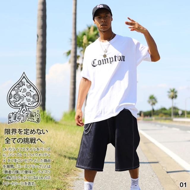 【50%OFF】ACE FLAG 上下セット セットアップ 半袖 ブランド Tシャツ ハーフパンツ 上下 メンズ 白/黒 大きいサイズ エースフラッグ Compton コンプトン b系 ヒップホップ ファッション ストリート系 ハイ 新作 AF-SE-TS-094