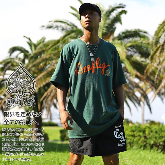 ACE FLAG 上下セット 半袖 ブランド Tシャツ ハーフパンツ 上下 メンズ 春夏用 深緑 ゆったり 大きいサイズ エースフラッグ セットアップ ビッグシルエット 筆記体 ペイズリー b系 ヒップホップ ファッション ダンス ストリート系 ハイ 夏 新作 AF-SE-TS-105