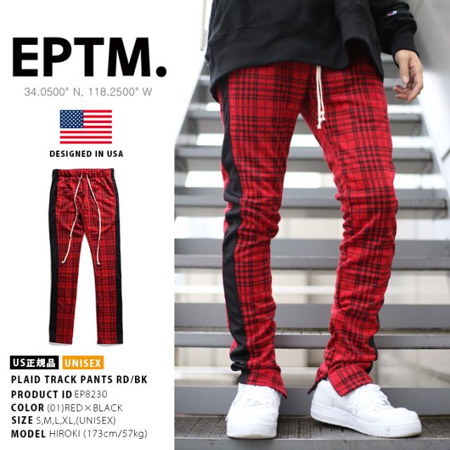 ラスト1点 エピトミ EPTM ロングパンツ かっこいい トラックパンツ ジャージ スリムストレッチ イージー 切替 ライン タータンチェック柄 総柄 赤黒 ライン 大きいサイズ EP8230