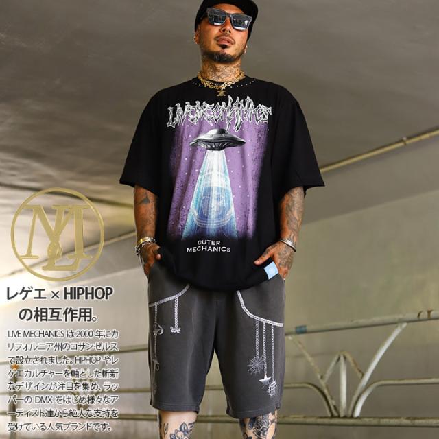 LIVE MECHANICS 上下セット 半袖 ブランド 黒シブ Tシャツ ハーフパンツ メンズ 春夏用 黒 大きいサイズ ライブメカニクス セットアップ スウェット ショートパンツ 派手 UFO ビッグシルエット b系 ヒップホップ ファッション ストリート系 ハイ 2025夏 新作 LMSUMT101-WES2