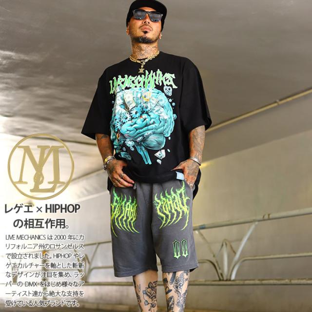 LIVE MECHANICS 上下セット 半袖 ブランド Tシャツ ハーフパンツ メンズ 春夏用 黒 大きいサイズ ライブメカニクス セットアップ スウェット ショートパンツ 派手 脳 AI ドル柄 ビッグシルエット b系 ヒップホップ ファッション ストリート系 2025夏 新作 LMSUMT120-WES7