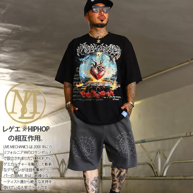 LIVE MECHANICS 上下セット 半袖 ブランド Tシャツ ハーフパンツ メンズ 春夏用 全3色 大きいサイズ ライブメカニクス セットアップ ショートパンツ 派手 総柄 ビッグシルエット b系 ヒップホップ ファッション ストリート系 ハイ 2025夏 新作 LMSUMT115-WES11