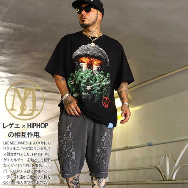 LIVE MECHANICS 上下セット 半袖 ブランド Tシャツ ハーフパンツ メンズ 春夏用 黒 大きいサイズ ライブメカニクス セットアップ ショートパンツ 派手 兵士 平和 ヘルメット ビッグシルエット b系 ヒップホップ ファッション ストリート系 ハイ 2025夏 新作 LMSUMT112-WES9