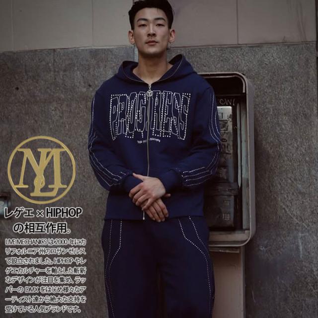 LIVE MECHANICS 上下セット 長袖 ブランド メンズ 春秋冬用 黒 グレー 大きいサイズ ライブメカニクス セットアップ パーカー スウェット スウェットパンツ フレアパンツ ビッグシルエット b系 ヒップホップ ファッション ストリート系 2025春 新作 LMSH2S9-LMPHP9