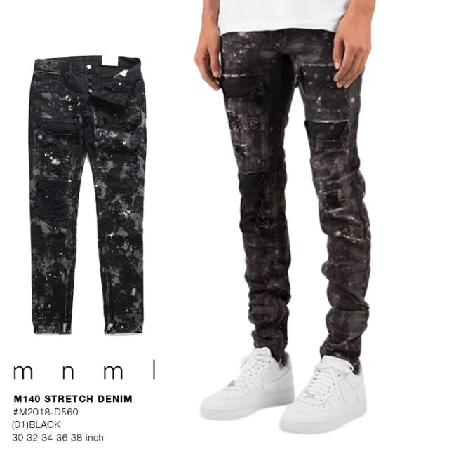 ミニマル mnml ジーンズ デニム ロングパンツ スリムフィット ジーパン Gパン ワーク 長ズボン メンズ 黒 b系 ヒップホップ ストリート系 ファッション ブランド かっこいい おしゃれ M140 ストレッチ 細い テーパード ブリーチ ペイント ダメージ 無地 シンプル M2018-D560