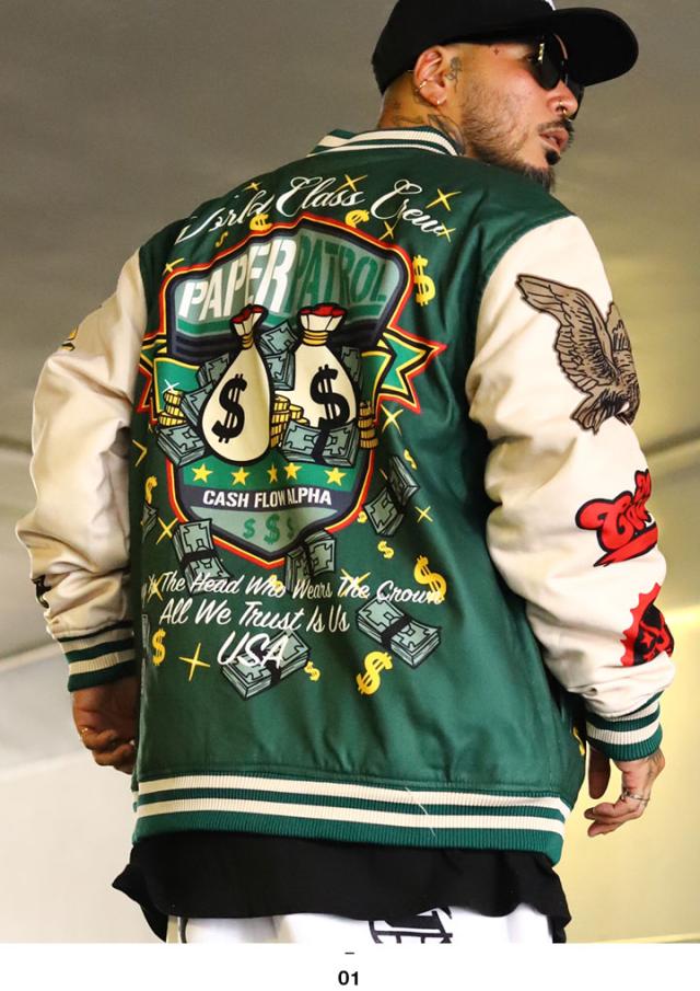 REASON アウター 長袖 スタジャン ブルゾン メンズ 春秋冬用 緑 大きいサイズ リーズン 防寒着 ドル柄 100ドル紙幣 ドル袋 トランプ メッセージ ボタン 前ボタン ビッグシルエット 暖かい b系 ヒップホップ ファッション ストリート系 ブランド 服 2025秋冬 新作 RER5003 REASON アウター 長袖 スタジャン ブルゾン メンズ 春秋冬用 緑 大きい