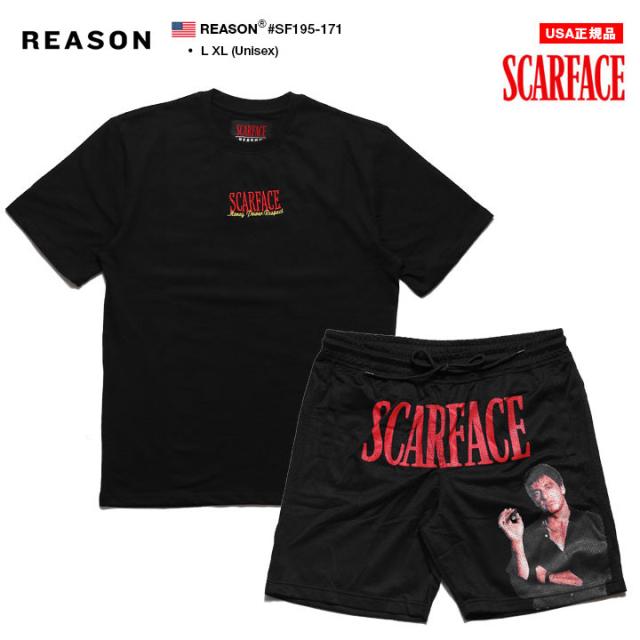 ラスト1点【14%OFF】REASON × 映画 スカーフェイス 上下セット 半袖 ブランド Tシャツ ハーフパンツ メンズ 黒 大きいサイズ Scarface 限定 コラボ 公式 リーズン セットアップ 総柄 ビッグシルエット b系 ファッション ストリート系 ハイ 2025春夏 新作 SF195-171