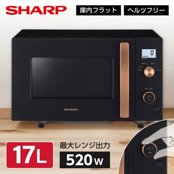 電子レンジ 本体 単機能電子レンジ フラットテーブル シャープ 17L ヘルツフリー SHARP RE-TS174-B ブラック系