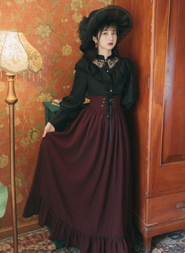 即納 ドレス ボルドー ロングスカート ブラックレーストップス 上下セット 韓国ファッション ゴシック ゴスロリ パーティードレス セパレートドレス クラシック クラシカル レトロ 衣装 かわいい セレブ 長袖 ワンピース 着やせ Aライン