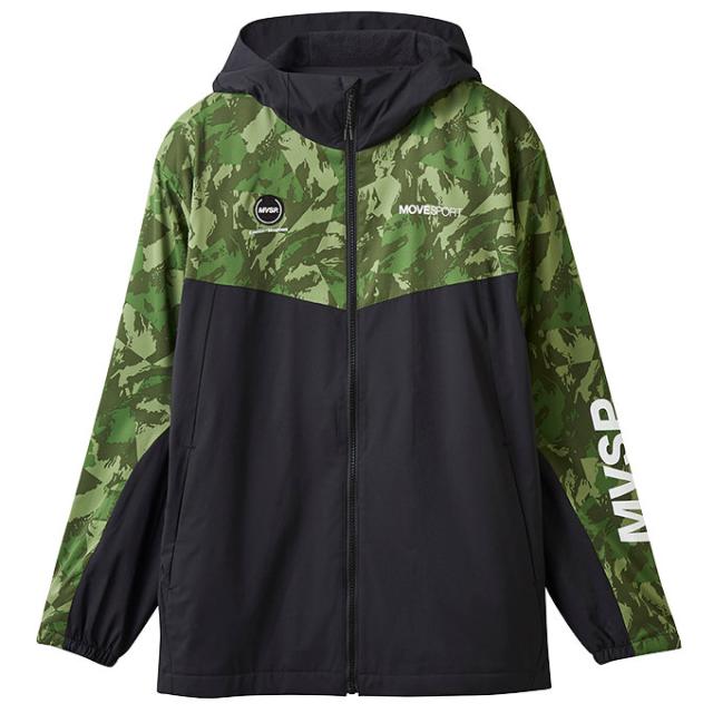 ムーブスポーツ 撥水ジャケット フード付き HEATNAVI 総柄グラフィック スリーブロゴ フルジップフーディー メンズ カーキ/ブラック DMMWJF30-KHBK MOVE Sport デサント