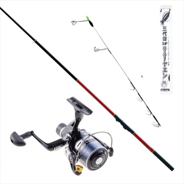 ローラーヤエン付 ヤエン釣りフルセット 竿(約4.3ｍ) リール(2000番) ヤエン 3点セット (yaenset-07)｜アオリイカ 烏賊 釣竿 磯 波止 防波堤 アオリヤエン ロッド フィッシング 釣り おり 遠里 釣具 オカサン ミズイカ 泳がせ