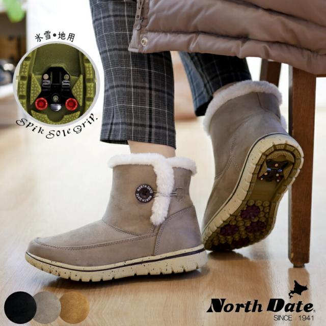 North Date ノースデイト スノーブーツ ボア ボリューム ショート丈 レディース グリップスパイク トグル 耐水 防滑 生活防水 防寒 軽量 北海道 3e 冬 雪 氷