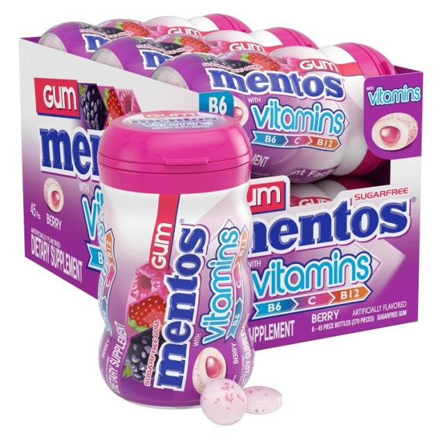 【お取り寄せ商品】メントス ビタミンガム ベリー 45 個入りボトル 6 本 Mentos Vitamins Gum Berry 45 Count Bottle, 6 Bottles