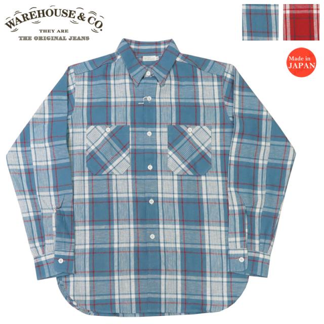 ウェアハウス WAREHOUSE コットン/リネン 長袖 チェック柄 ワーク シャツ B柄 麻 Lot.3055