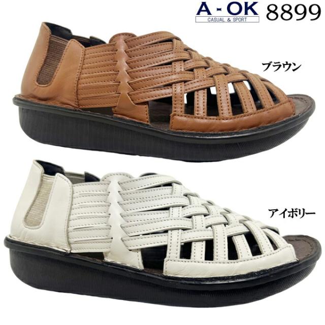 カジュアルシューズ レディース A-OK 8899 エーオーケー コンフォートシューズ オープントゥ サイドゴア 春 夏 フラットソール 疲れにくい 低反発 クッション性 屈曲性 通気性 軽量 本革 レザー ソフト 日本製 made in japan 女性 婦人