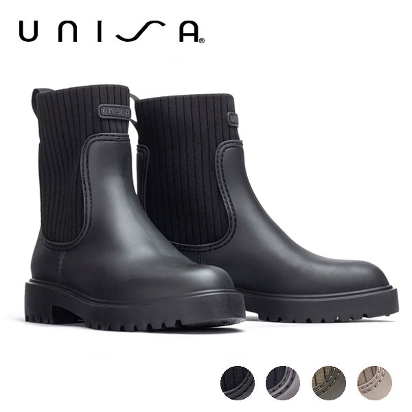 UNISA/ウニサ サイドリブレインブーツ FAYNAR-UA リブニット ゴアレインブーツ ショートブーツ スペイン ブラック ベージュ カーキ ネイビー 長靴 ラバーブーツ 防水 レイン おしゃれ 通勤 通学 軽量