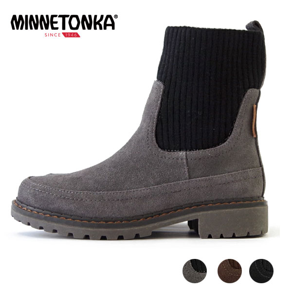 Minnetonka ミネトンカ ニットソックス サイドゴアブーツ リブニット ミドルブーツ レインブーツ 晴雨兼用 防水加工 スエード 本革 18M09