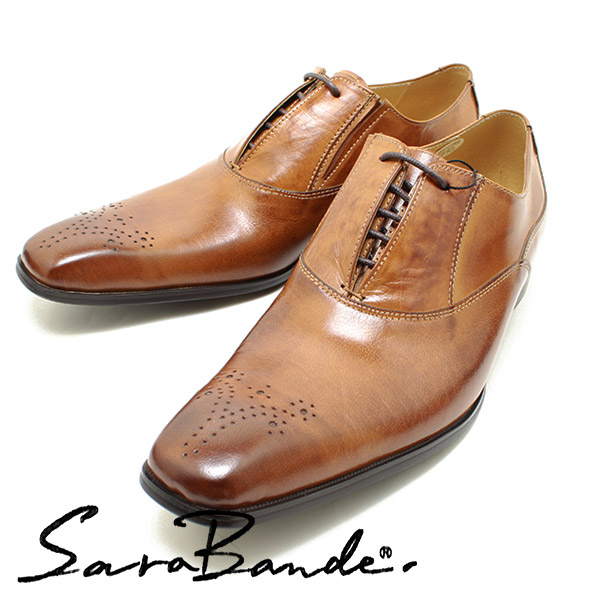 SARABANDE/サラバンド 1371 レースカバー＆メダリオン バッファローレザー・ロングノーズビジネスシューズ キャメル※焦がし加工【ボロネ