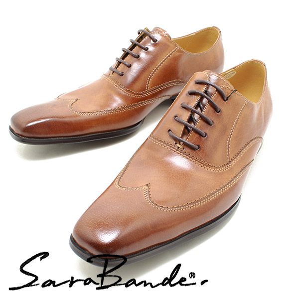 SARABANDE/サラバンド 1373 ノンブローグウイングチップ バッファローレザー・ロングノーズビジネスシューズ キャメル※焦がし加工【ボロ