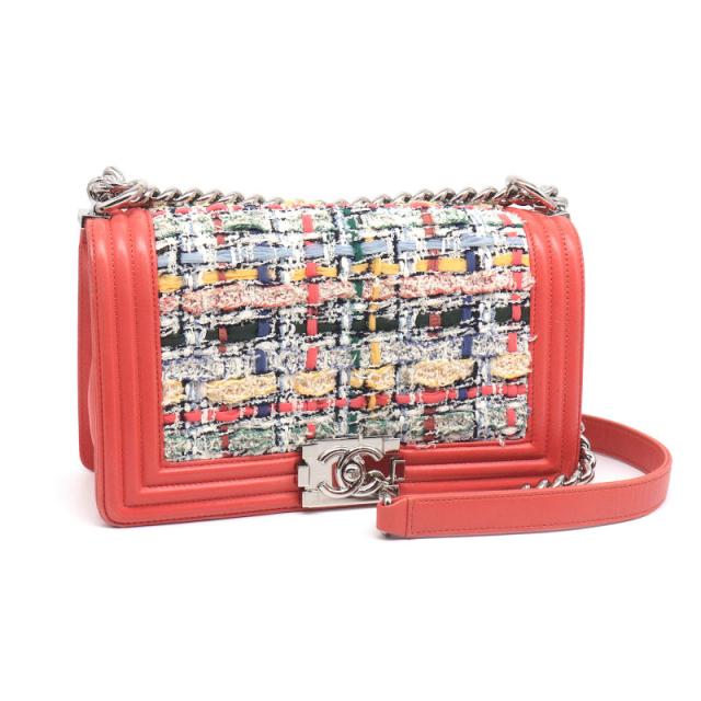 シャネル ボーイシャネル ラムスキン ツイード サーモンピンク マルチカラー シルバー金具 チェーンショルダーバッグ 中古 送料無料