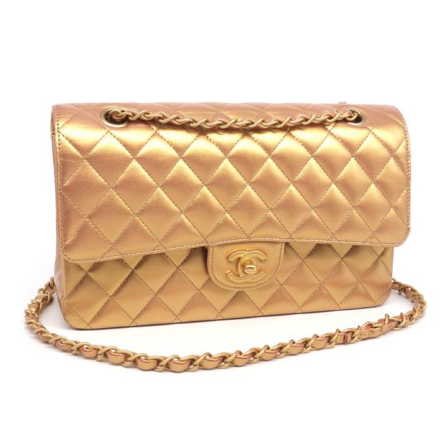 シャネル マトラッセ25 ランダムシリアル ラムスキン メタリックゴールド ダブルフラップ ゴールド金具 中古 送料無料