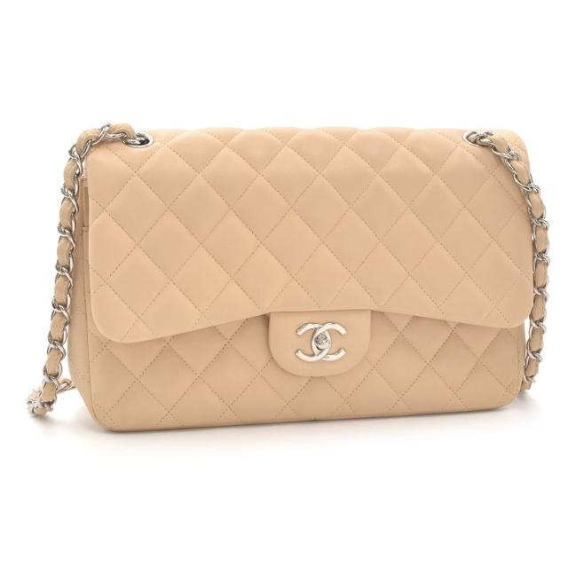 シャネル デカマトラッセ30 ラムスキン ベージュ シルバー金具 ダブルフラップ ダブルチェーンショルダーバッグ ココマーク 中古 送料無料