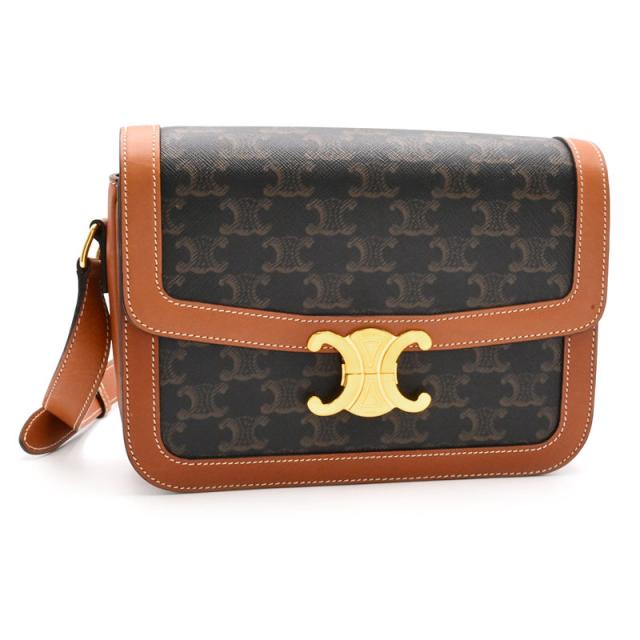 セリーヌ クラシックトリオンフバッグ 191242BZ4.04LU トリオンフキャンバス カーフスキン タン ショルダーバッグ ブラウン 中古 送料無料