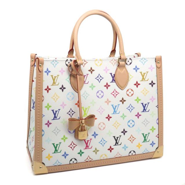 ルイヴィトン LV×TMオンザゴートランクMM M13079 モノグラムキャンバス マルチカラー トートバッグ 村上隆 ホワイト 白 中古 送料無料