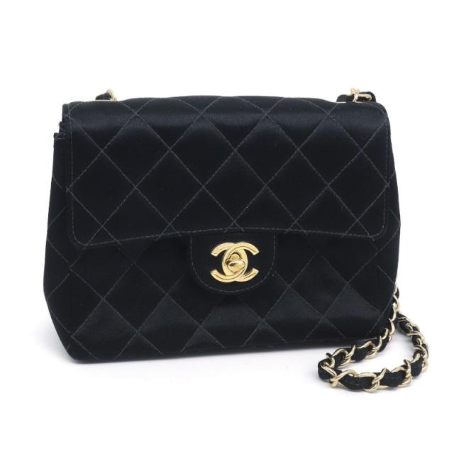 シャネル ミニマトラッセ チェーンショルダーバッグ サテン ブラック 肩掛けバッグ クロスボディバッグ ココマーク CC 黒 中古 送料無料