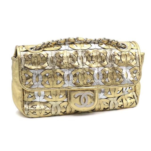 シャネル パッチワーク 12番台 ラムスキン チェーンショルダーバッグ ゴールド シルバー CCマーク 斜め掛け シルバー金具 中古 送料無料