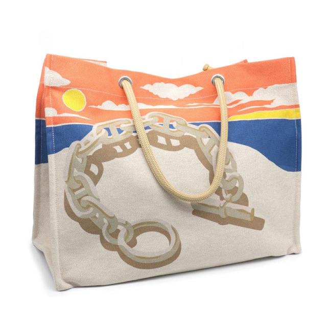 エルメス ビーチバッグ エスカルアラプラージュプリント H103743M01 トワルアッシュ マルチカラー トートバッグ 肩掛け 中古 送料無料