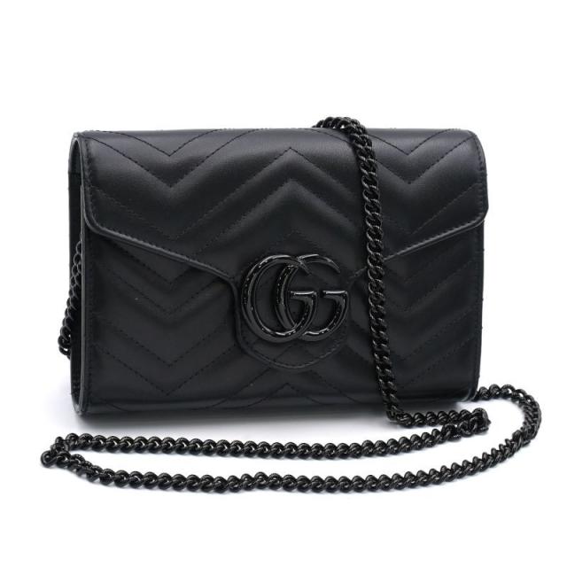 グッチ GGマーモントチェーンウォレット 474575 シェブロンキルティングレザー ブラック ミニチェーンバッグ ダブルG GG 黒 中古 送料無料