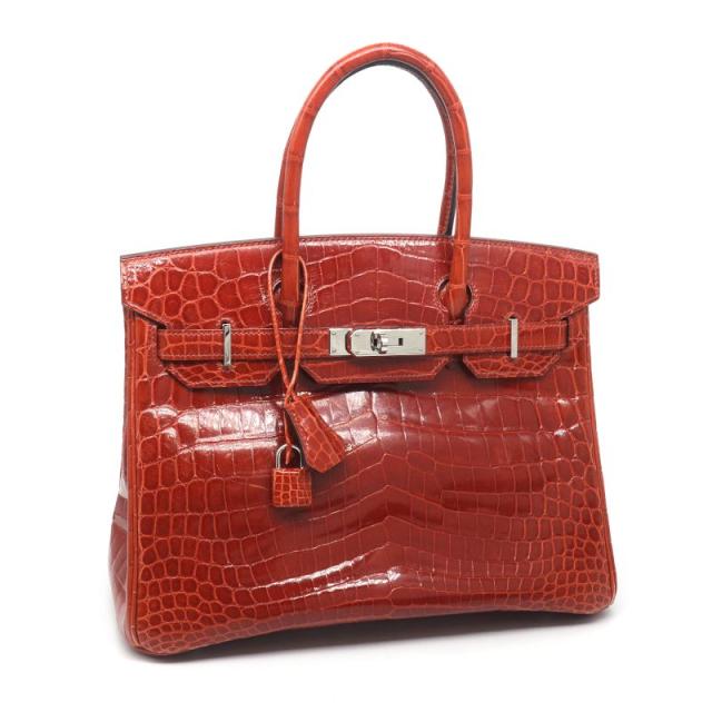 エルメス バーキン30 T刻印 2015年製 クロコダイル ニロティカス リセ サンギーヌ シルバー金具 艶あり ハンドバッグ 中古 送料無料