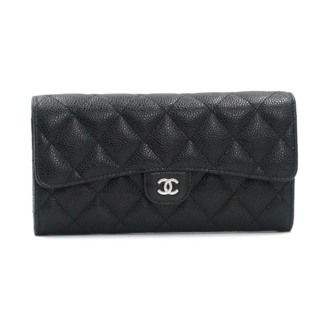 シャネル ロングフラップウォレット AP0241 キャビアスキン ブラック シルバー金具 長財布 ロングウォレット ココマーク CC 中古 送料無料