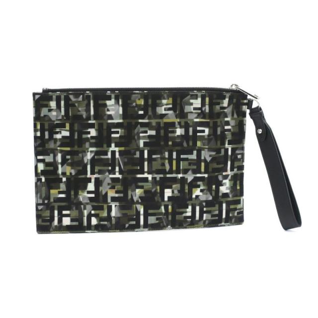 フェンディ クラッチバッグ 7N0105 ナイロン グリーン ブラック セカンドバッグ FFモチーフ FFキャンバス シルバー金具 緑 中古 送料無料