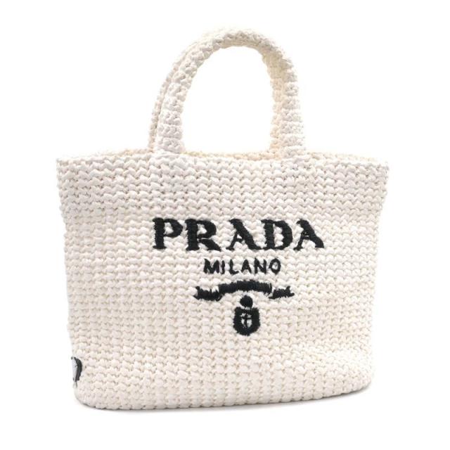プラダ スモールトートバッグ 1BG422 ラフィア クロシェ ホワイト トライアングルロゴ ハンドバッグ カゴバッグ 白 中古 送料無料