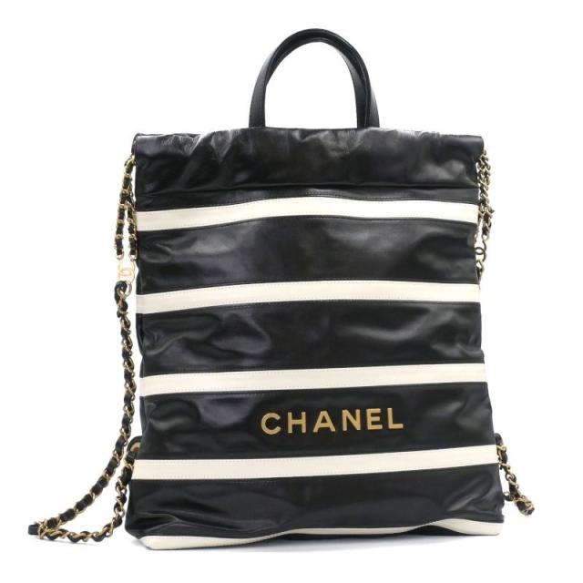 シャネル シャネル22 リュックサック AS3859 シャイニーカーフスキン ブラック ホワイト バッグパック ボーダー ココマーク 中古 送料無料