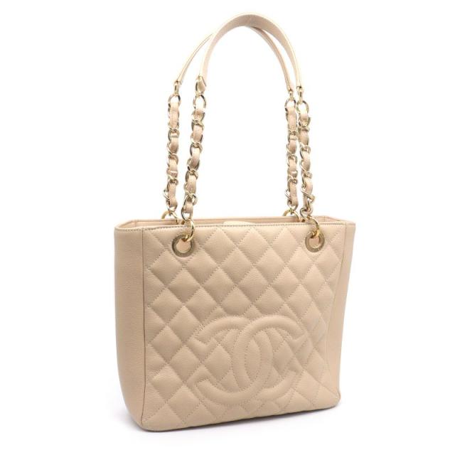 シャネル PSTチェーントートバッグ マトラッセ キャビアスキン ベージュ ゴールド金具 チェーンショルダー レザー 15番台 中古 送料無料