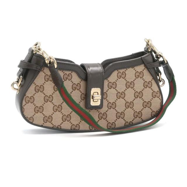 グッチ ムーンサイド 786015 GGキャンバス ベージュ エボニー ブラウン ウェブストライプ ショルダーバッグ 肩掛けバッグ GG 中古 送料無料