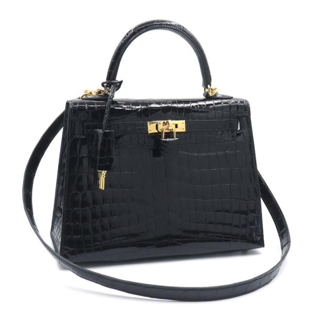 エルメス ケリー25 U刻印 2022年製 ニロティカス ブラック クロコダイル リセ ゴールド金具 ハンドバッグ 外縫い 黒 艶あり 中古 送料無料